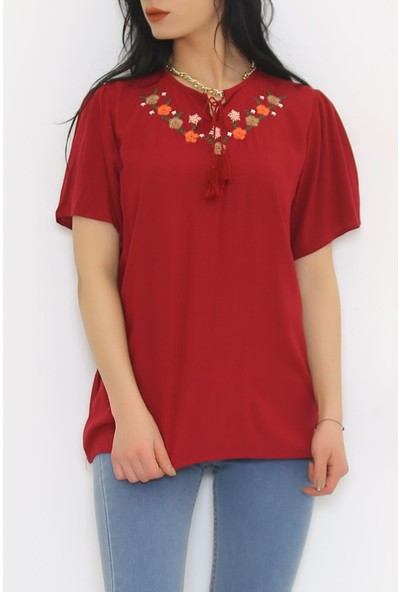 Demdem-Hg Desenli Kısa Kol Bluz Bordo - 9313.1573. Demdem-Hg Desenli Kısa Kol Bluz Bordo - 9313.1573.
