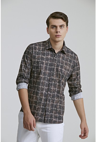 D'S Damat Ds Damat Slim Fit Kahve Baskılı Gömlek