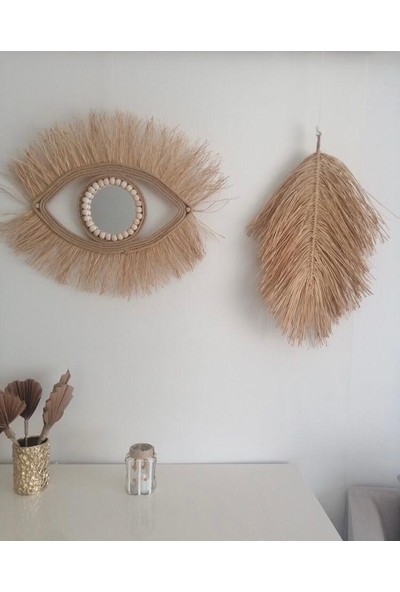 Bohem Atölye Doğal Rafya Ikili Göz ve Yaprak Figürlü Duvar Dekorasyonu (G03)
