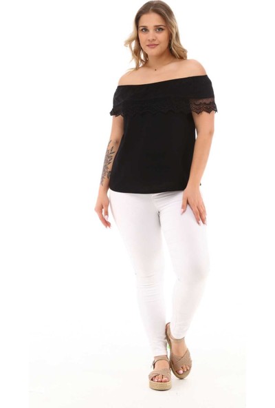 Zer Otantik Zerotantik Dantelli Madonna Yaka Büyük Beden Bluz Siyah