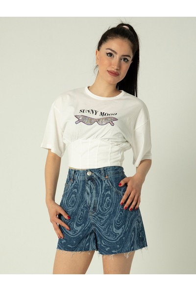 Korse Detaylı Baskılı Bluz