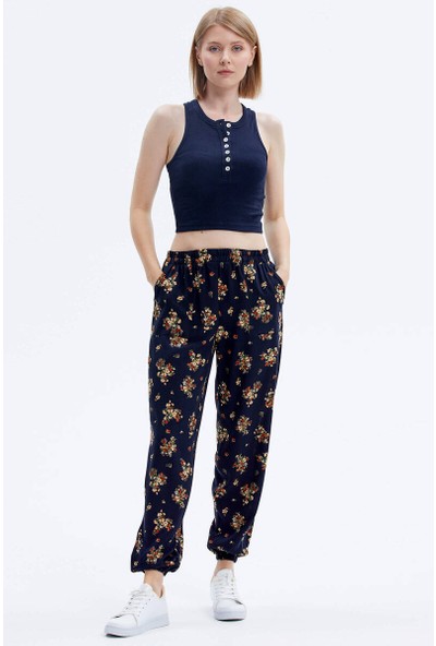 Sementa Çiçek Desenli Krep Pantolon - Lacivert