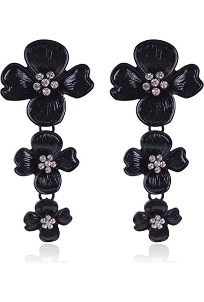 Fengyi Katmanlı Çiçekli Yapay Elmas Kolye Kolye Iğneli Küpe Siyah (Yurt Dışından)