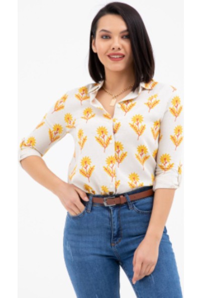 Krem Çiçek Desenli Keten Gömlek