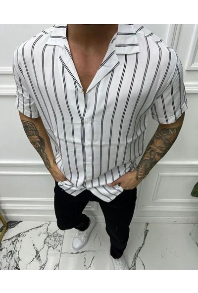 Erkek Beyaz Dar Kesim Viskon Kısa Kollu Gömlek