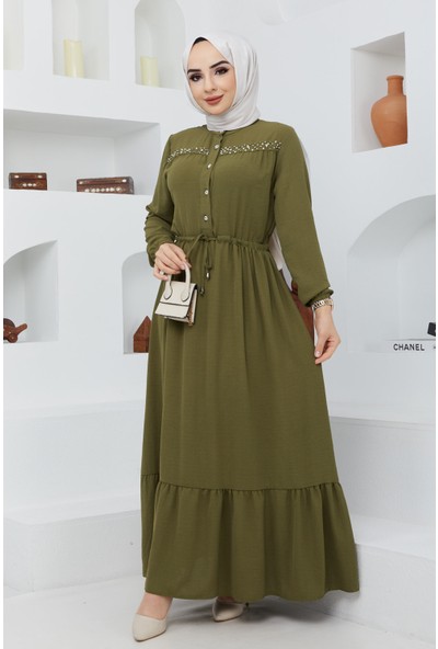 İmaj Butik Inci Detaylı Tesettür Ayrobin Elbise/haki
