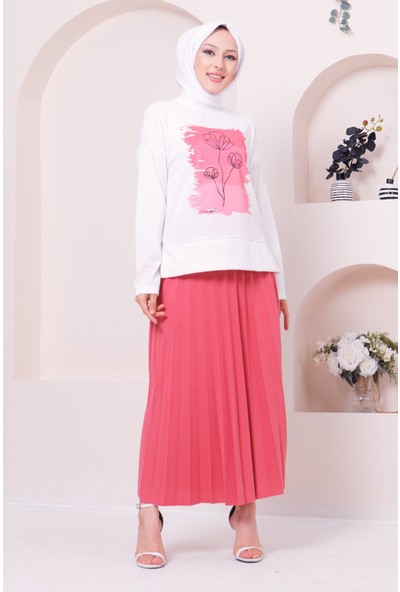 İmaj Butik Üst Baskı Detaylı Sweat Etekli Tesettür Takım/pudra İmaj Butik Üst Baskı Detaylı Sweat Etekli Tesettür Takım/pudra