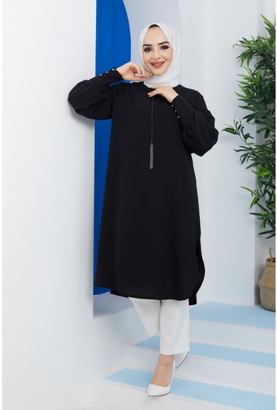 İmaj Butik Büyük Beden Zincir Bağ Detaylı Tesettür Tunik/siyah