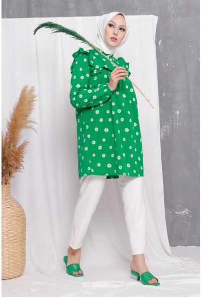İmaj Butik Papatya Desenli Dik Yaka Tesettür Tunik/yeşil