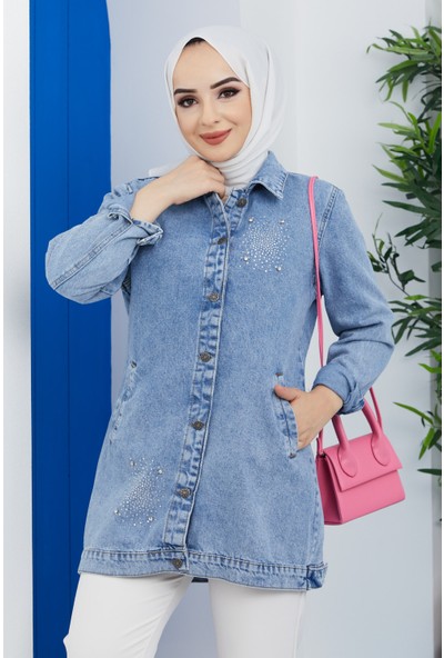 İmaj Butik Taş Detaylı Tesettür Kot Ceket/mavi