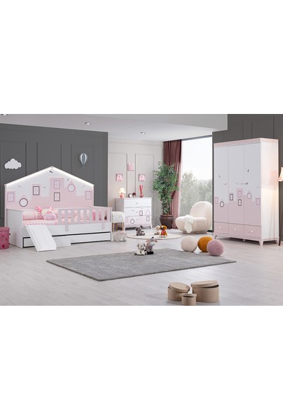 Setay Montessori, City Montessori Çocuk Odası Takımı, Dolap, Kaydıraklı Yavrulu Karyola, Şifonyer -Pembe
