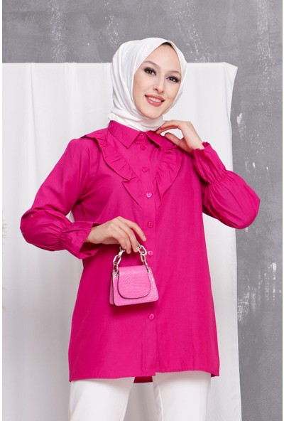 Önü V Fırfır Detaylı Terikoton Tesettür Tunik/fuşya Önü V Fırfır Detaylı Terikoton Tesettür Tunik/fuşya