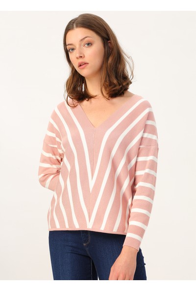 Only V Yaka Çizgili Pembe Kazak