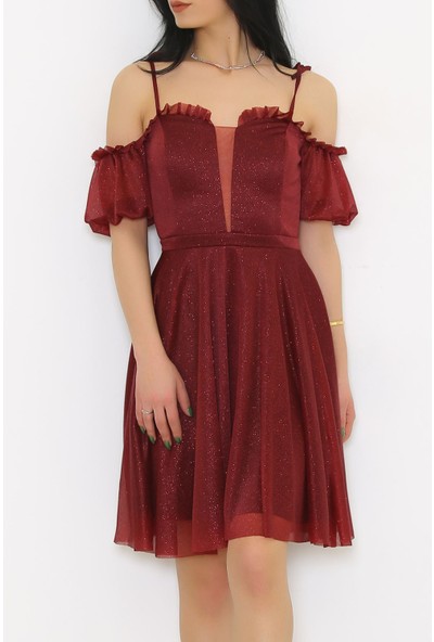 Pembe Avm Yakası Fırfırlı Abiye Bordo - 38846.100.