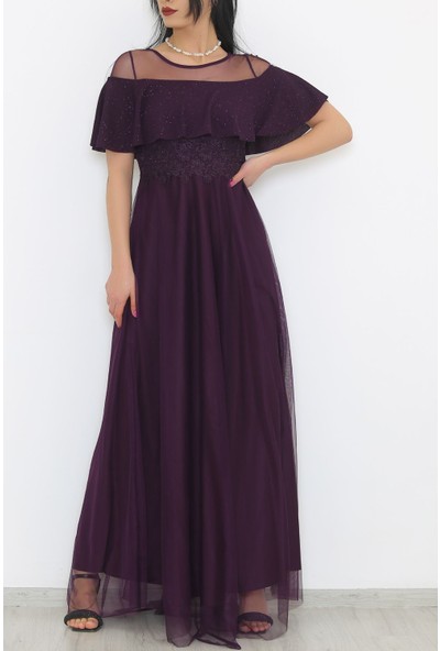 Pembe Avm Göğsü Volanlı Tül Abiye Mor - 38412.100.