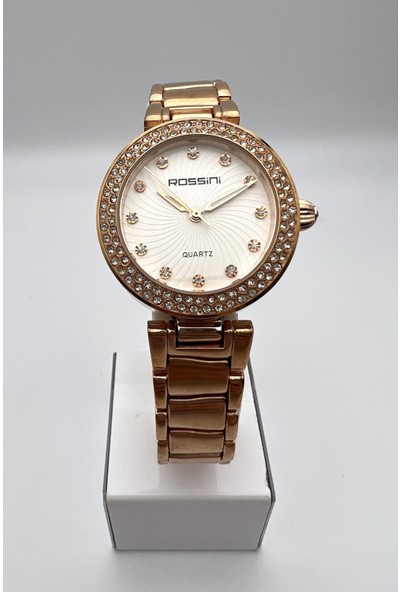 Bakır Rengi Çelik Kordon Beyaz Kadran Şık Taşlı Kadın Kol Saati