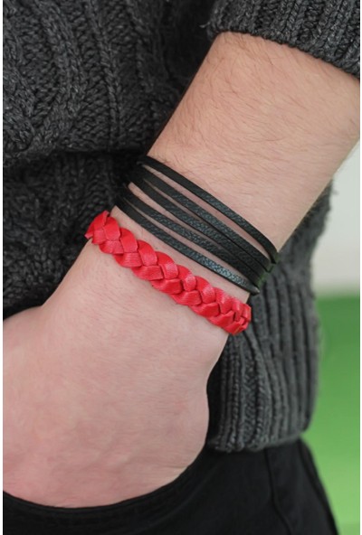 Pembe Avm Siyah Kırmızı Deri Erkek Bileklik Kombin