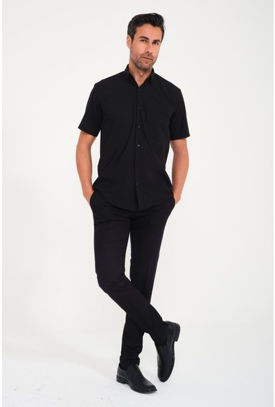 Fitmens Klasik Kısa Kol Terry Cotton Düz Gömlek - Siyah