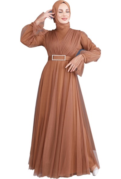 Moda Echer Tesettür Abiye Elbise Kemerili Taş Aksesuarlı 7396