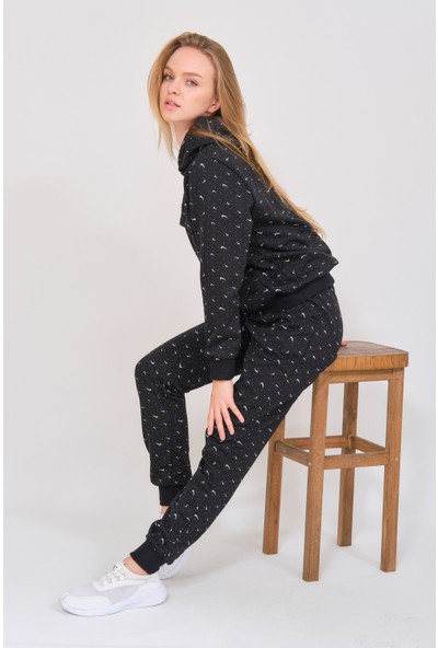 Vualist Kadın Kapüşonlu Kanguru Cepli Eşofman Takımı Oversize