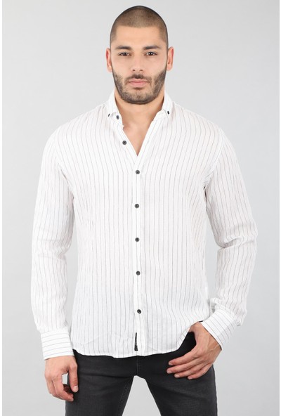 Erkek Saten Çizgili Düz Düğmeli Tam Kalıp Beyaz Gömlek