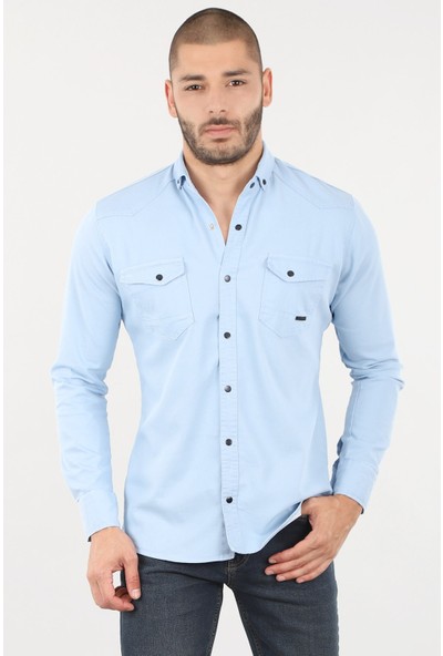 Erkek Çift Cep Kapaklı Kot Çıt Çıt Düğmeli Slimfit Açık Mavi Gömlek Erkek Çift Cep Kapaklı Kot Çıt Çıt Düğmeli Slimfit Açık Mavi Gömlek