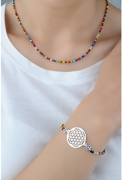 Encili Silver 925 Ayar Gümüş Midyat El Yapımı Boncuklu Yaşam Çiçeği Bileklik ve Boncuklu Kadın Kolye