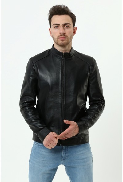 Hakiki Deri Düz Fermuarlı Ceket