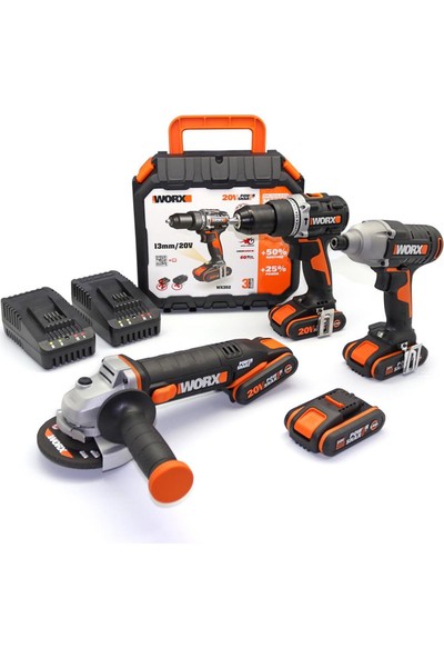 Worx Wxks2 WX352 + WX291.9 + WX800.9 + WA3601 + WA3551 20V/2AM Pro Kombo Set