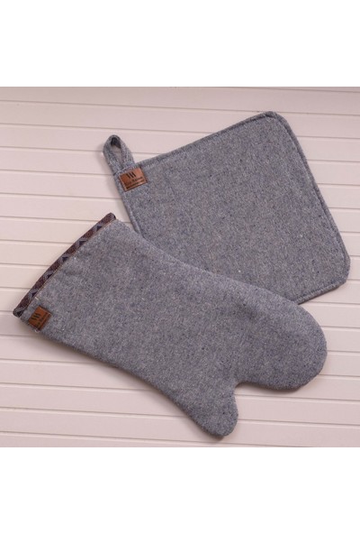 Vivamaison Pamuk Kahverengi Bordürlü Isıya Dayanıklı Fırın Eldiveni ve Tutacak Seti