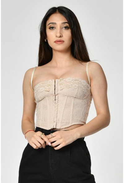 Dilvin Dantel Detaylı Korse Top - Vizon Vizon - M