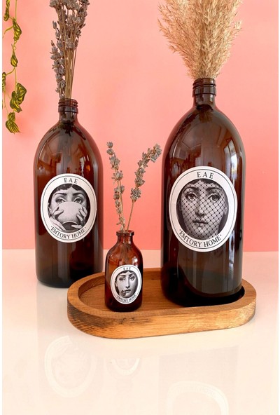 Emtory Home 3'lü Fornasetti Amber Cam Şişe Vazo 23CM Emtory Home 3'lü Fornasetti Amber Cam Şişe Vazo 23CM