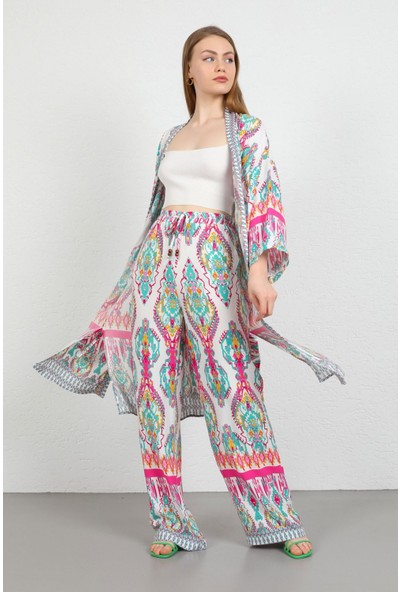 KAKTÜS MODA Viskon Empirme Kumaş Etnik Desen Uzun Kol Kadın Kimono