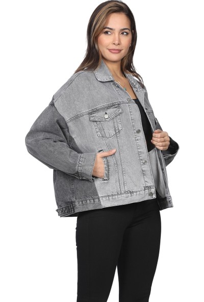 Whitney Jeans Kadın Çift Renk Detatlı Gri Jean Ceket Whitney Jeans Kadın Çift Renk Detatlı Gri Jean Ceket