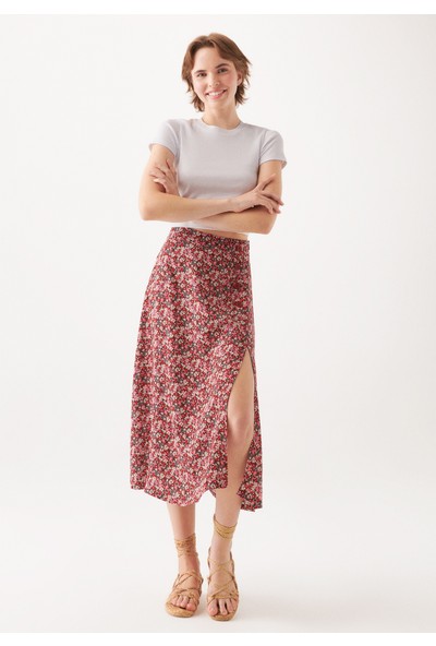 Mavi Yırtmaç Detaylı Çiçekli Etek