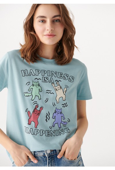 Mavi Kedi Baskılı Mavi Tişört