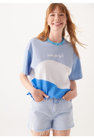 Mavi Maviterranean Mavi Logo Baskılı Beyaz Tişört