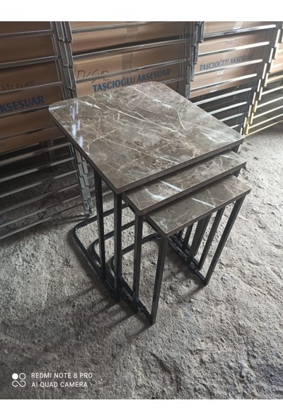 Güvenç C Zigon Sehpa Siyah Metal Ayaklı Alaca Kahverengi Mermer Desen