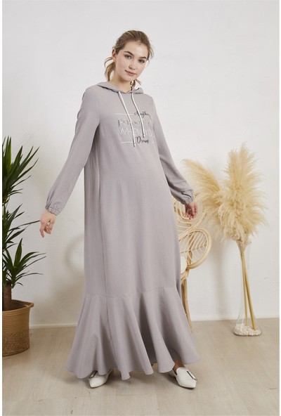 Markano Volanlı Kapüşonlu Yazılı Elbise