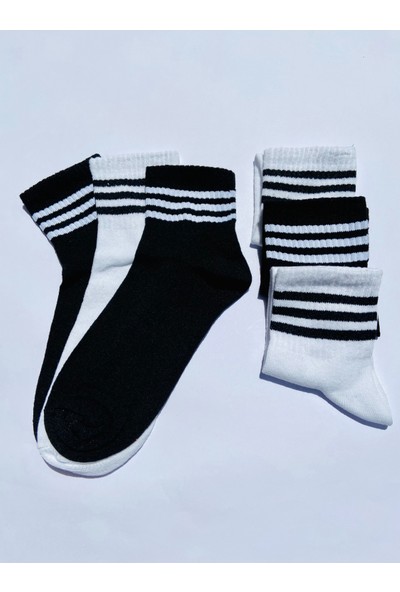 KaktüsKedi Kolej Unisex 6'lı Siyah Beyaz Çizgili Çorap