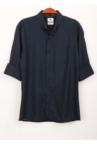 Erkek Keten Kumaş Uzun Kollu Gömlek Siyah Ds2