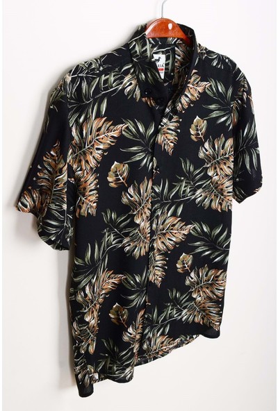 Erkek Yaprak Desenli Kısa Kollu Siyah Gömlek Ds1