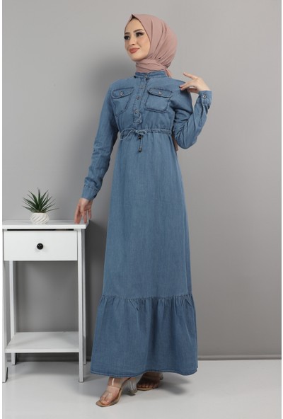 Yarım Düğmeli Kot Elbise Açık Mavi