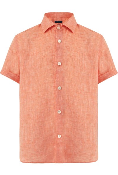 Hemington Kısa Kollu Turuncu Saf Keten Çocuk Gömlek