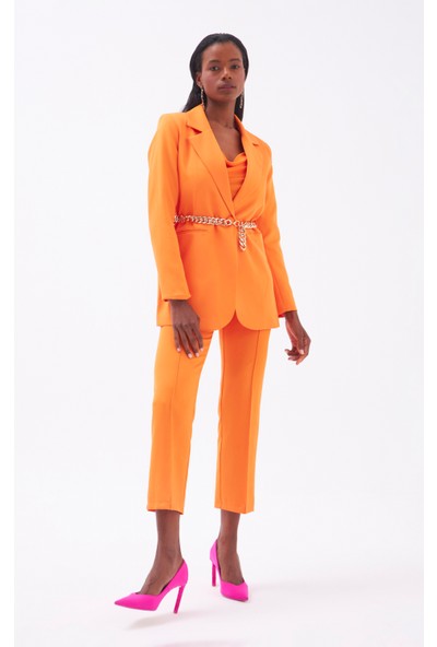 Sateen Nervür Detaylı Klasik Pantolon - Oranj