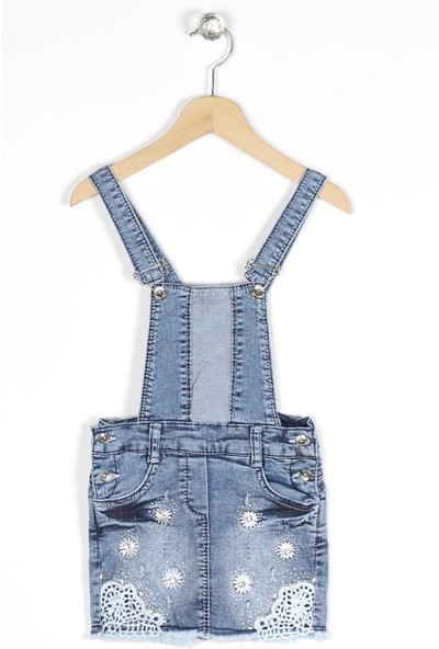 Zepkids Kız Çocuk Çiçek Nakışlı Önü Dantelli Salopet 3-12 Yaş