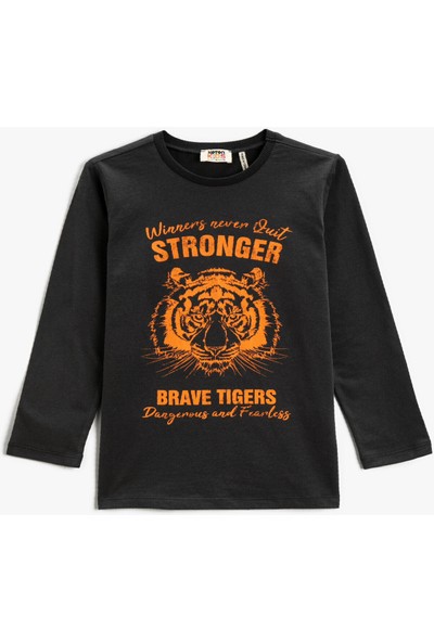 Koton Kaplan Baskılı Tişört Uzun Kollu Bisiklet Yaka Pamuklu