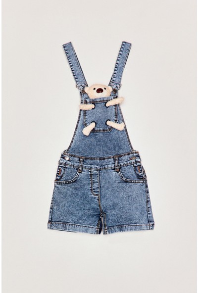 FullaModa Ayıcık Detaylı Çocuk Kot Şort Salopet