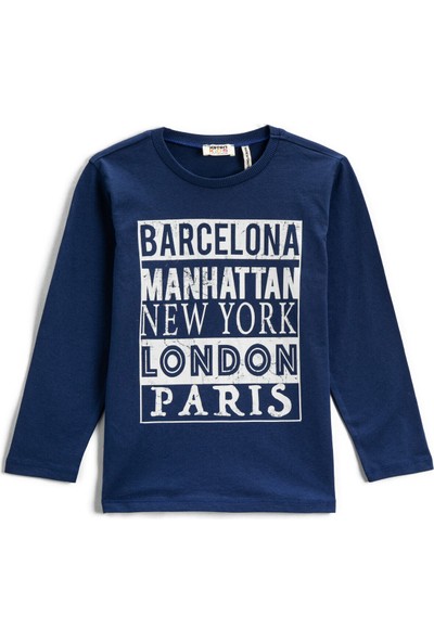 Koton Baskılı Tişört Uzun Kollu Bisiklet Yaka Pamuklu