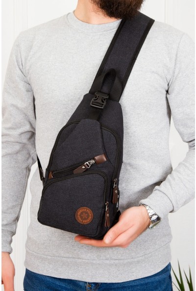 Kanvas Unisex Siyah Çapraz Omuz ve Göğüs Çantası USB Çıkışlı